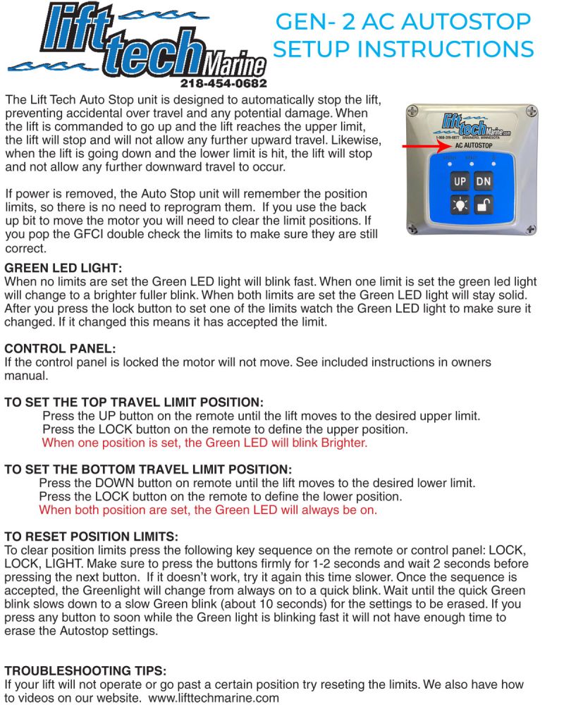 Auto Stop Programming - Lift Tech Marine